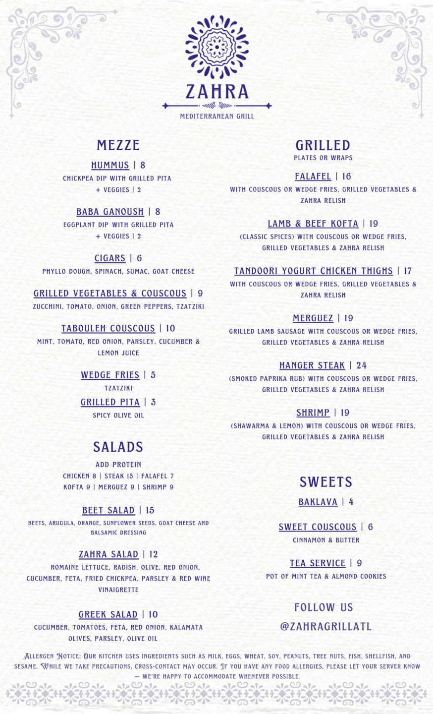 MENU – Zahra Grill Atlanta